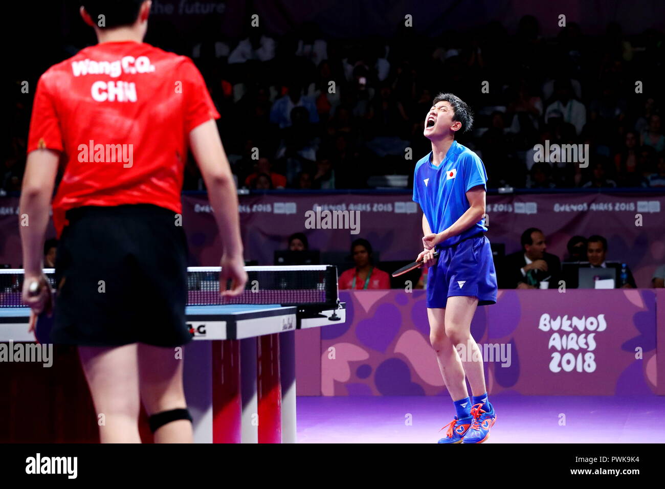 Buenos Aires, Argentina. 15th Oct, 2018. (L-R) Wang Chuqin (CHN), Tomokazu Harimoto (JPN) Table ...