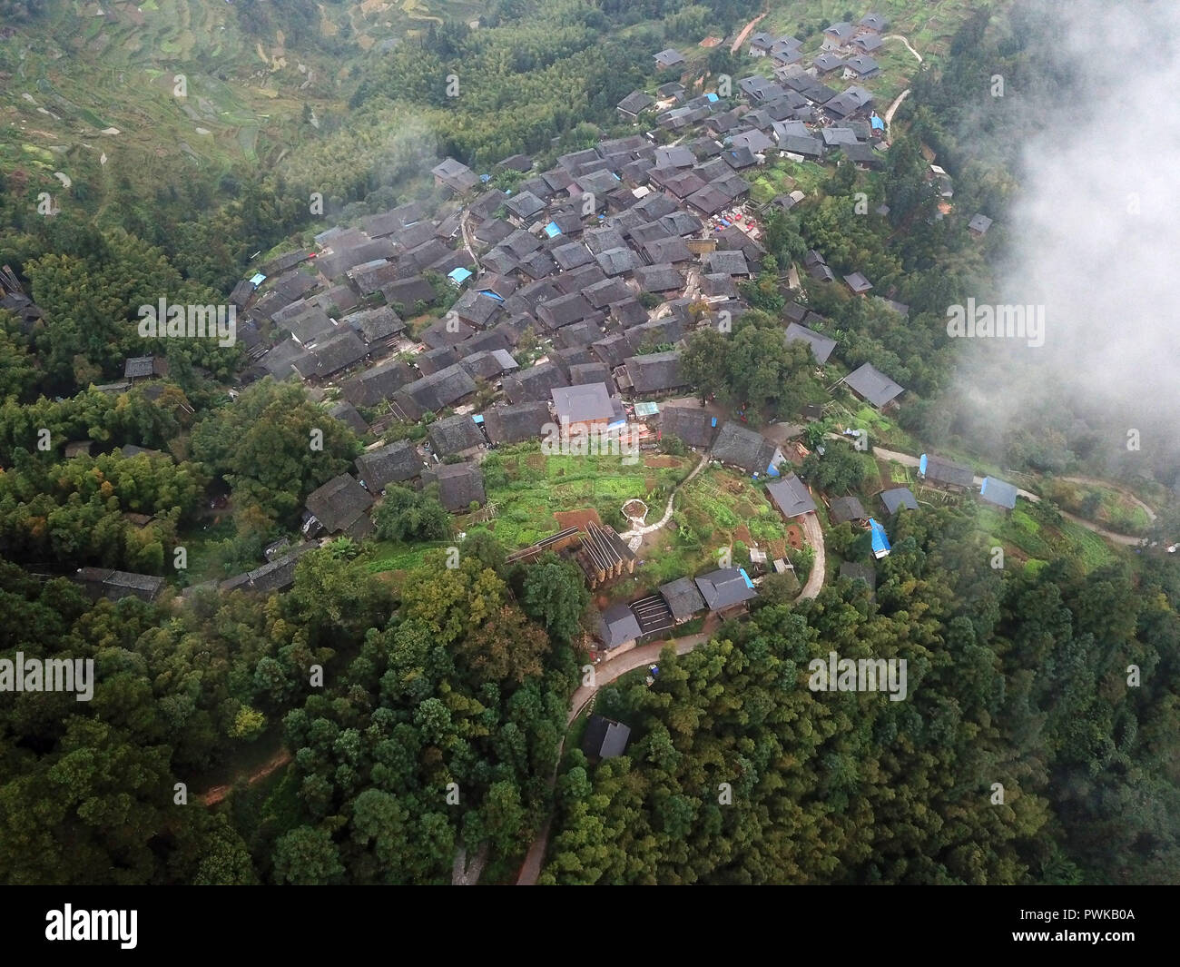 Congjiang. 16th Oct, 2018. Aerial photo taken on Oct. 16, 2018 shows ...