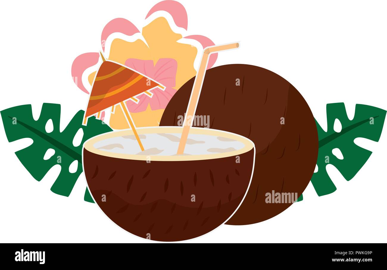 coconut cocktail with umbrella flower tropical summer vector ...