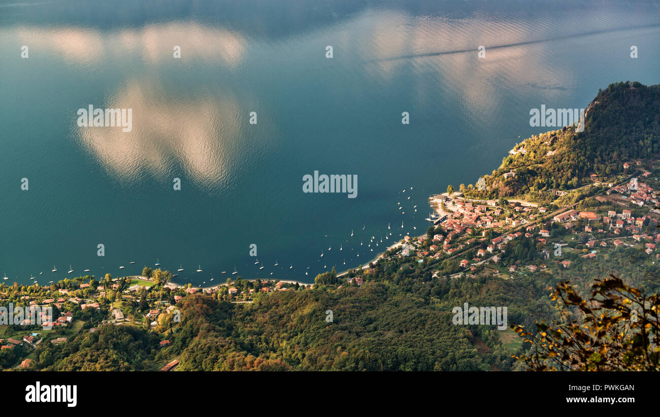 beautiful aerial view on the Maggiore Lake in autumn season with clouds ...