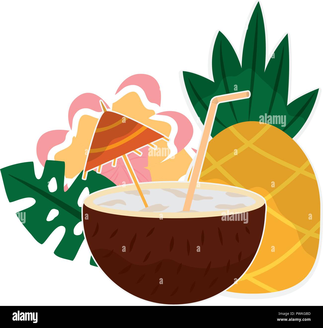 coconut cocktail pineapple flower tropical summer vector illustration ...