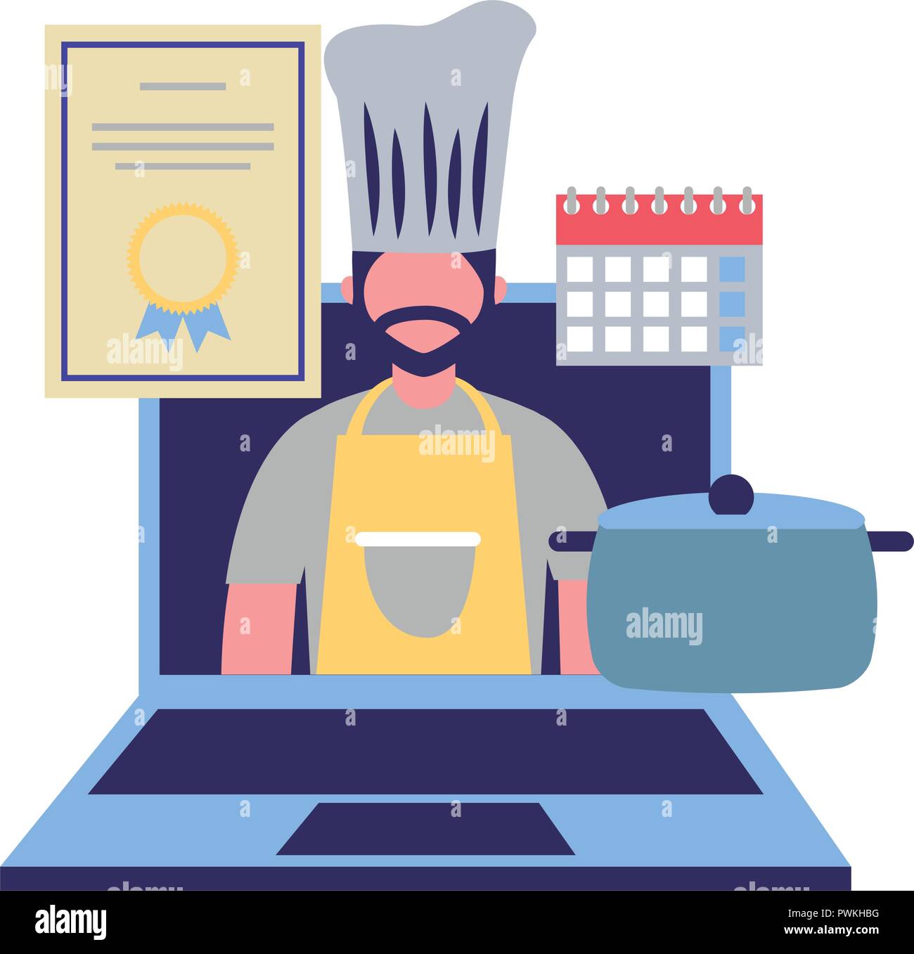 chief cooking male in laptop online certificate labor vector ...