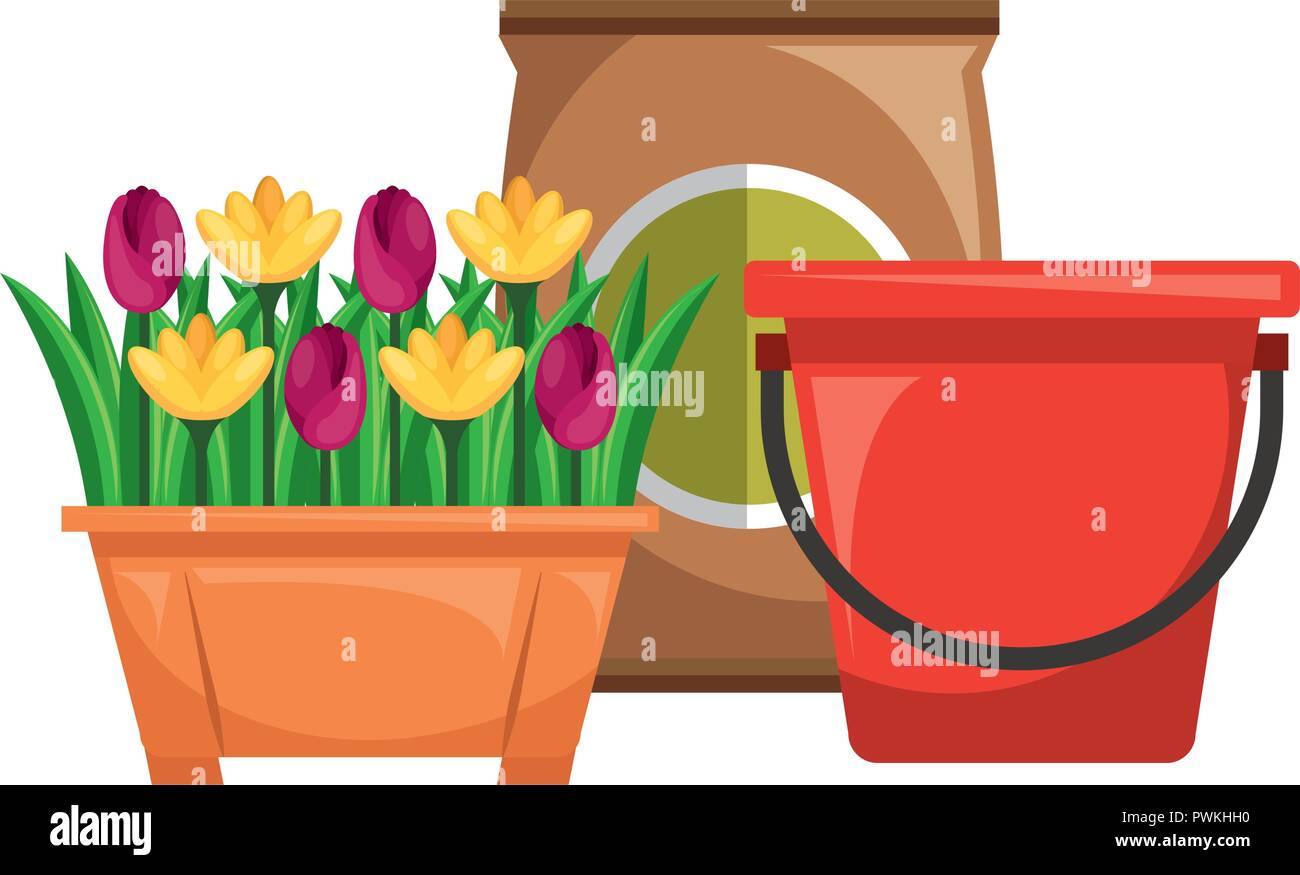 potted flowers and bucket sack soil gardening vector illustration Stock ...