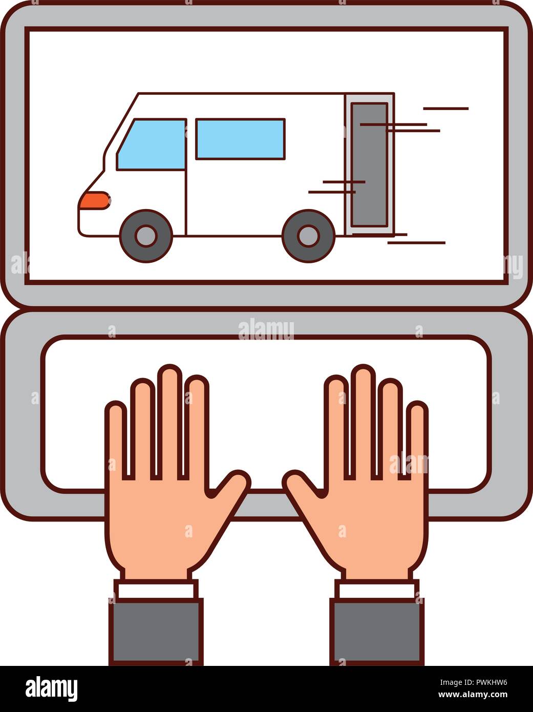 hands with laptop delivery truck warehouse logistic vector illustration ...