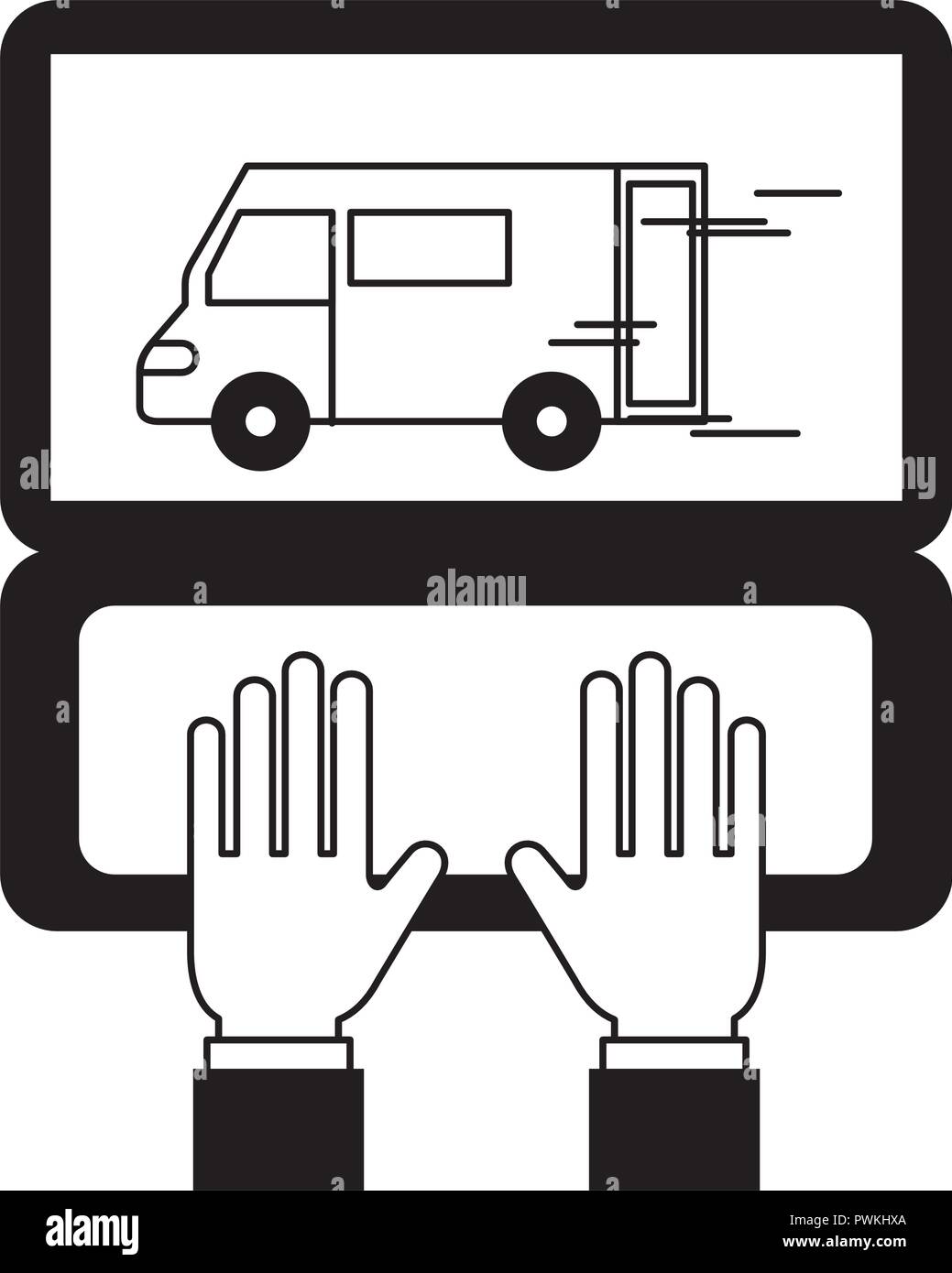 hands with laptop delivery truck warehouse logistic vector illustration ...