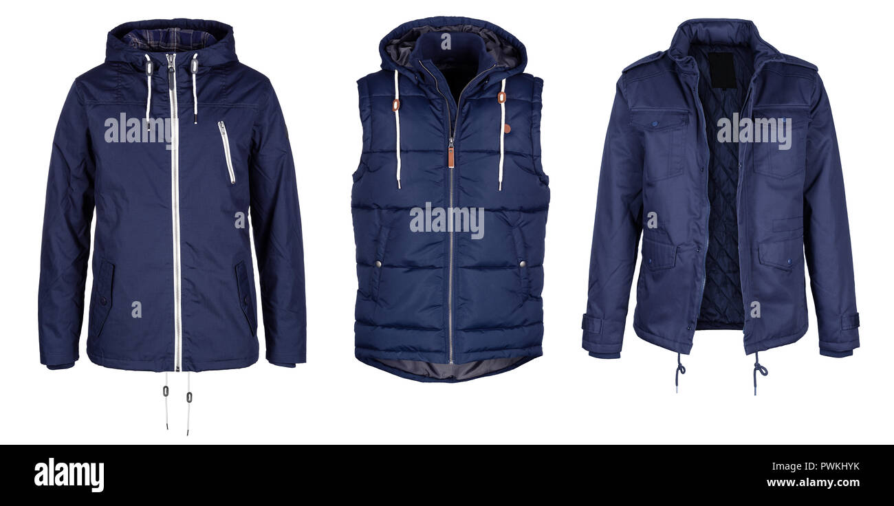 Two jackets and vest in navy blue color isolated on white background ...