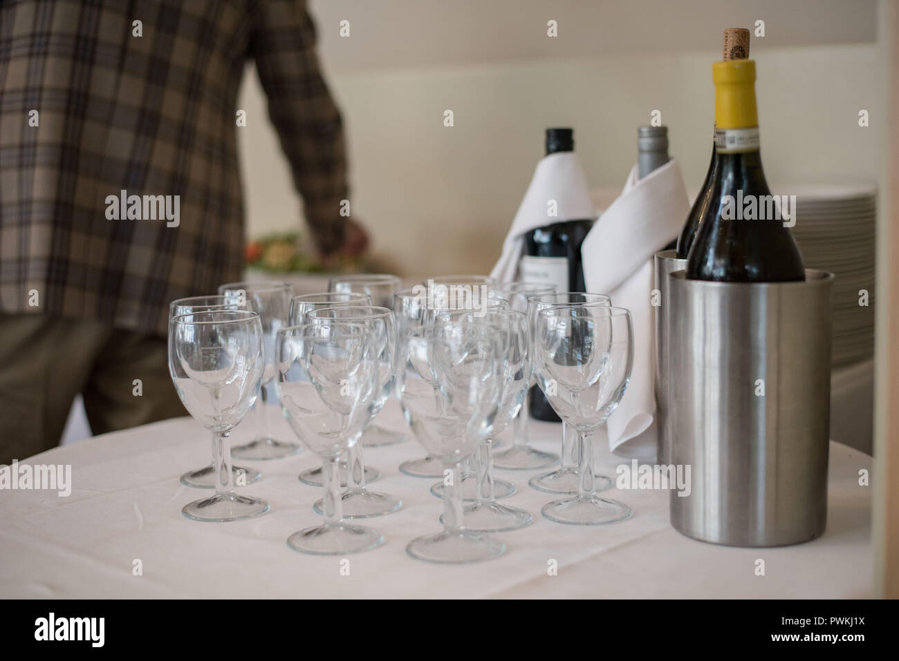 Wine, tableware and cutleries in order at a buffet party Stock Photo ...