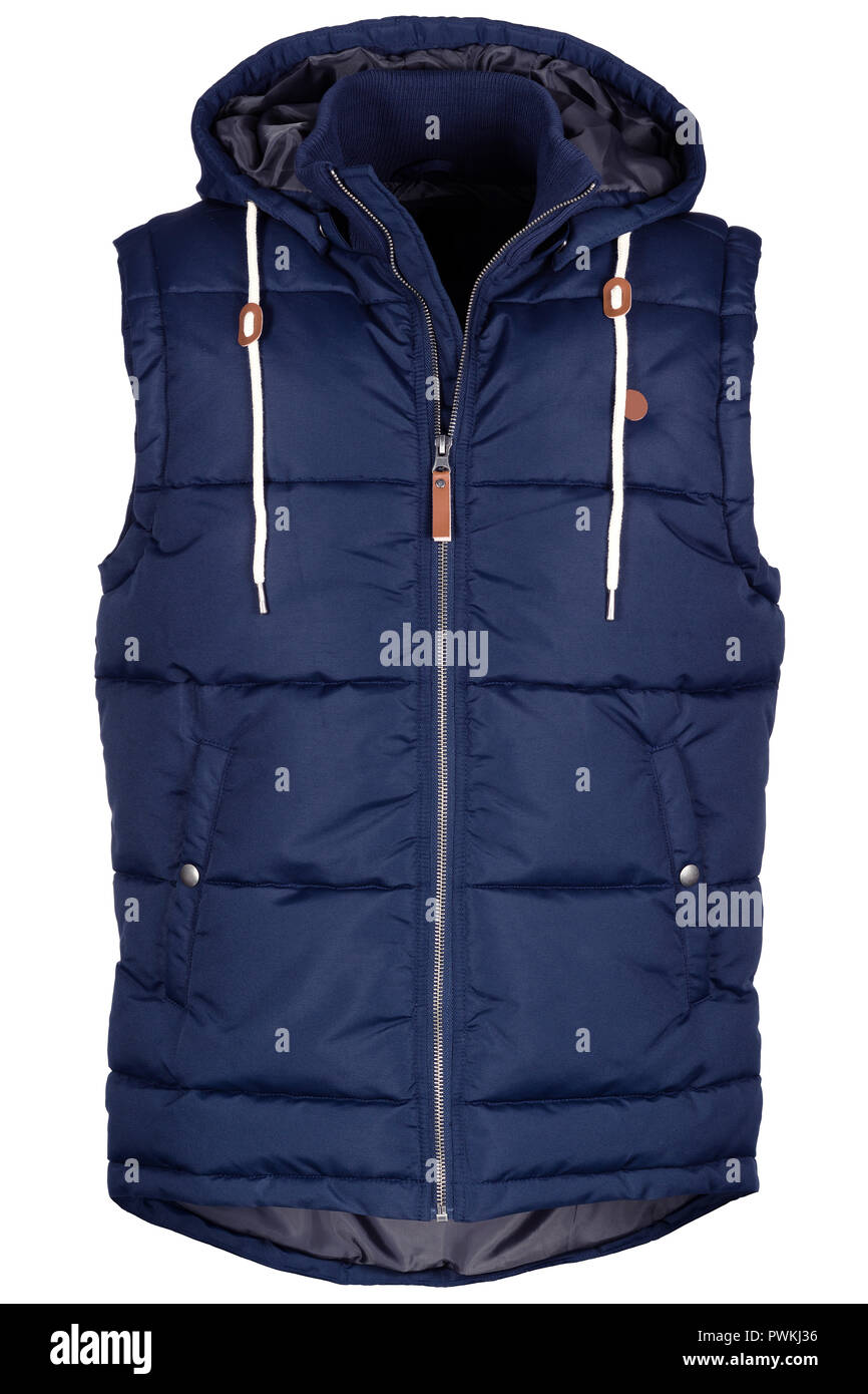 Warm navy blue waistcoat with hood isolated on white background Stock ...