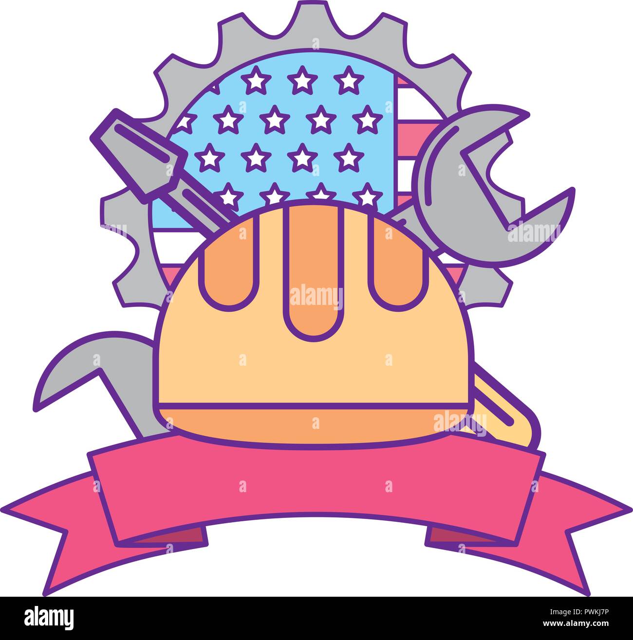 helmet and wrench ribbon american flag labor day vector illustration ...