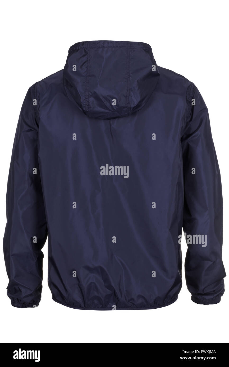 Back of navy blue jacket with hood isolated on white background Stock ...