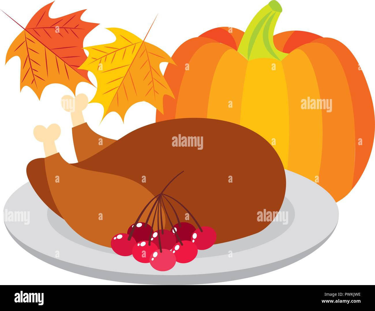 thanksgiving day turkey pumpkin cherries leaves vector illustration ...