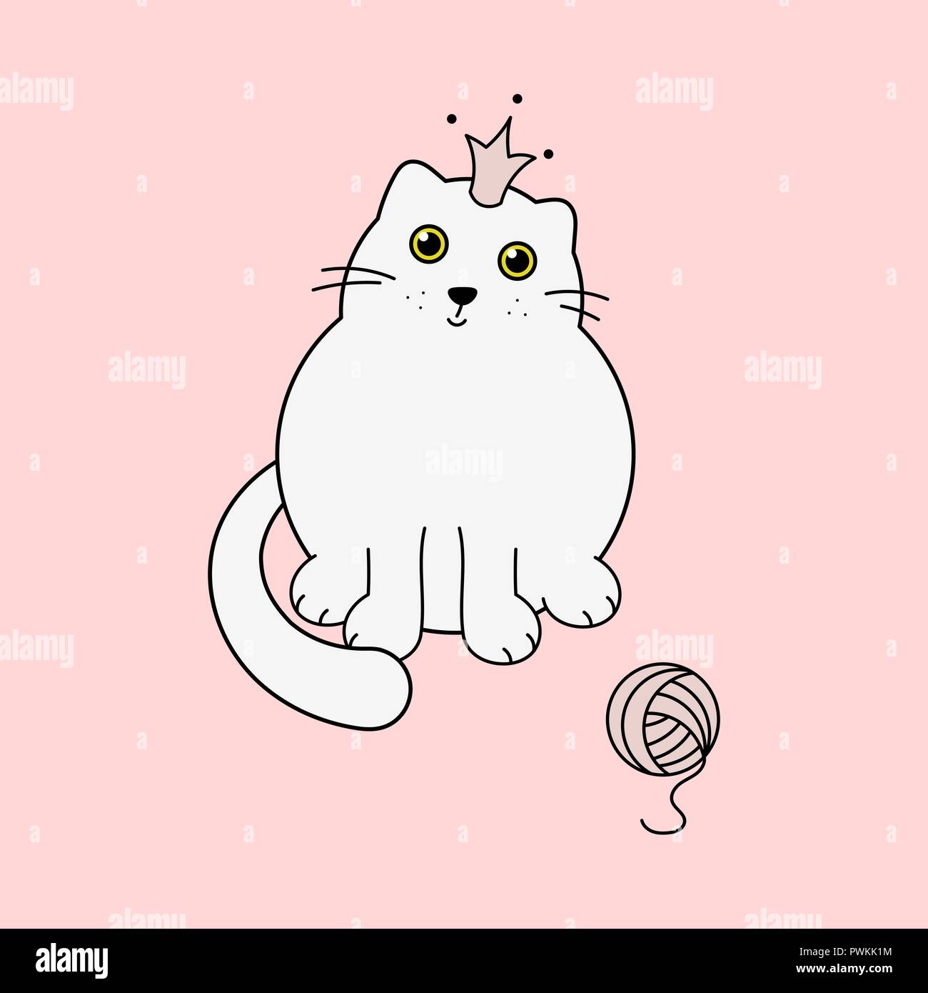 Cute kitty white princess and yarn ball vector illustration Stock ...