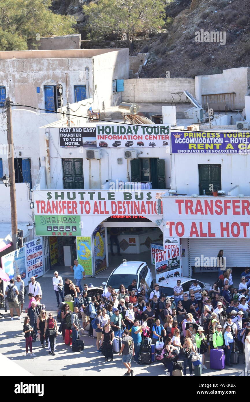 Greece, the island of Santorini. This is the bustling ferry port of ...