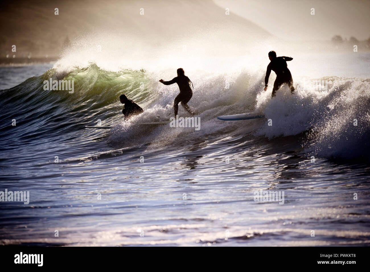 Three people surfboarding on the crest of a wave Stock Photo - Alamy