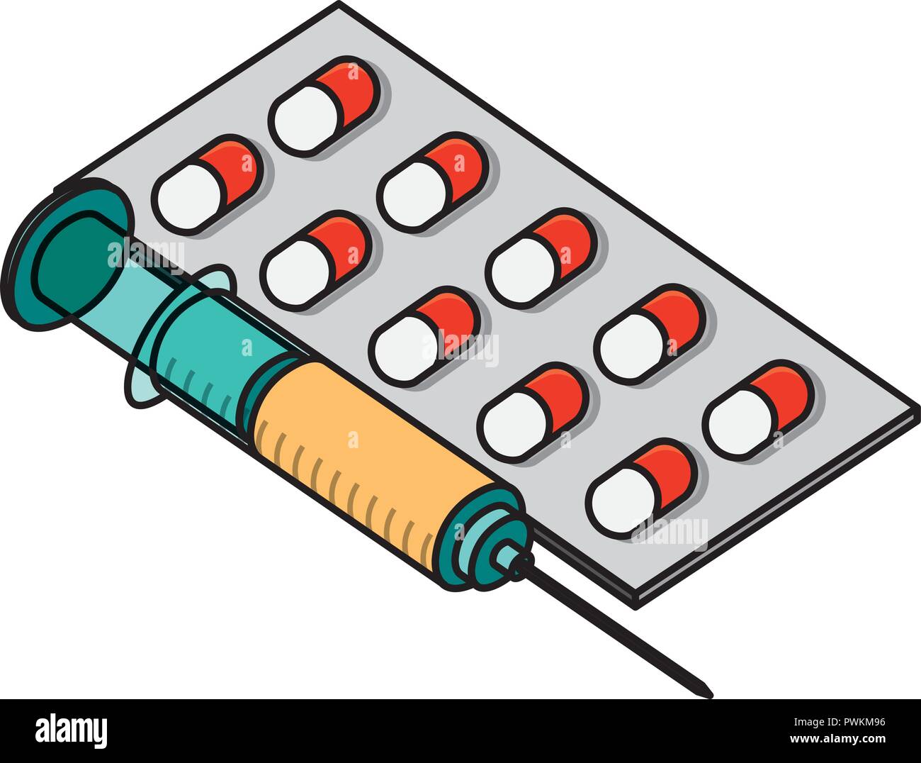 syringe and packaging pills medical healthcare vector illustration ...