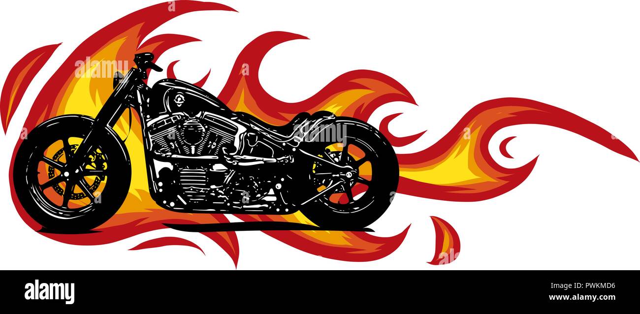 Dramatic burning motorcycle engulfed in fierce fiery orange flames and ...