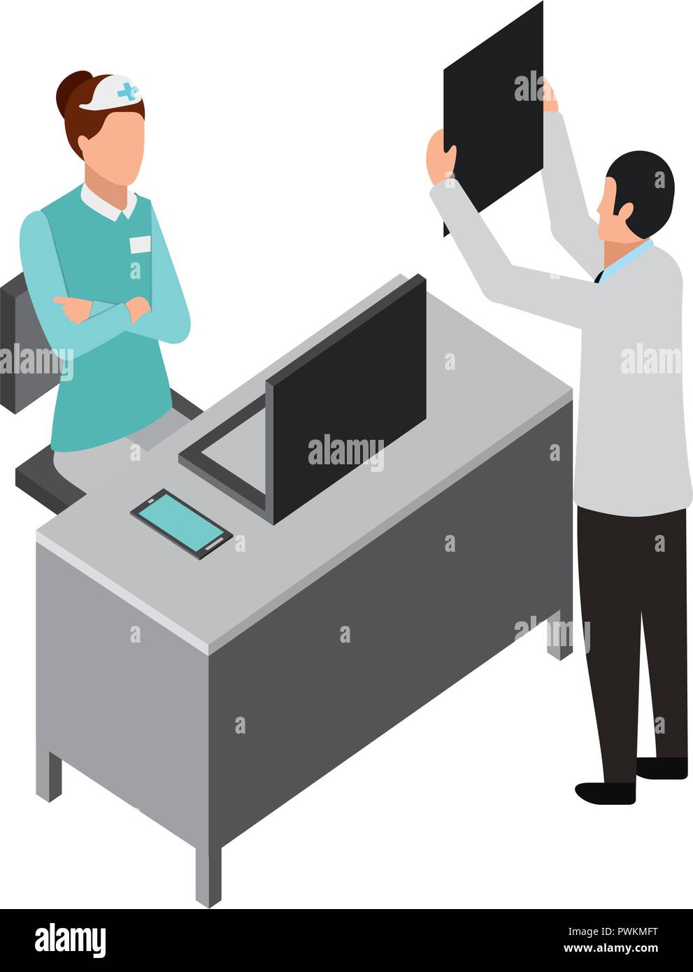 doctor with xray and nurse in the consultation room vector illustration ...