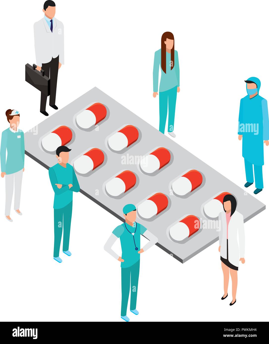 people staff medical packaging pills medicine vector illustration Stock ...