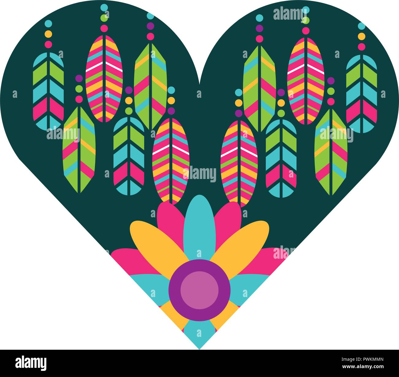 feathers heart ornament retro hippie style vector illustration Stock ...
