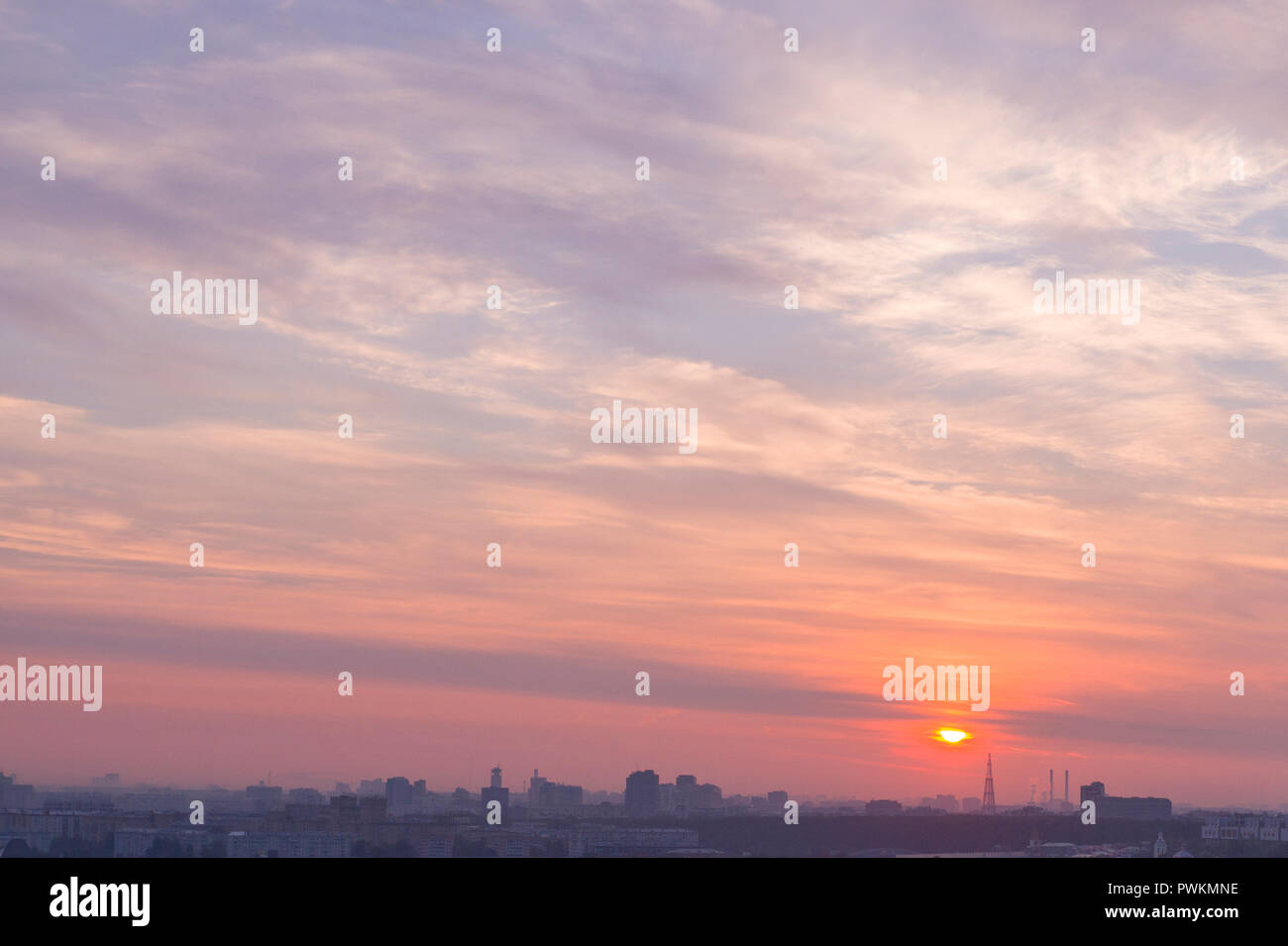sunrise sky over the city at cold summer morning. background, nature ...