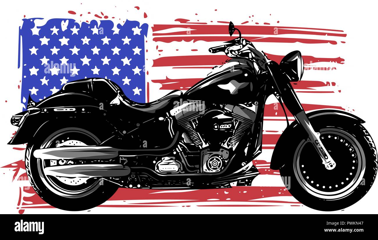 Hand drawn and inked vintage American chopper motorcycle with american ...