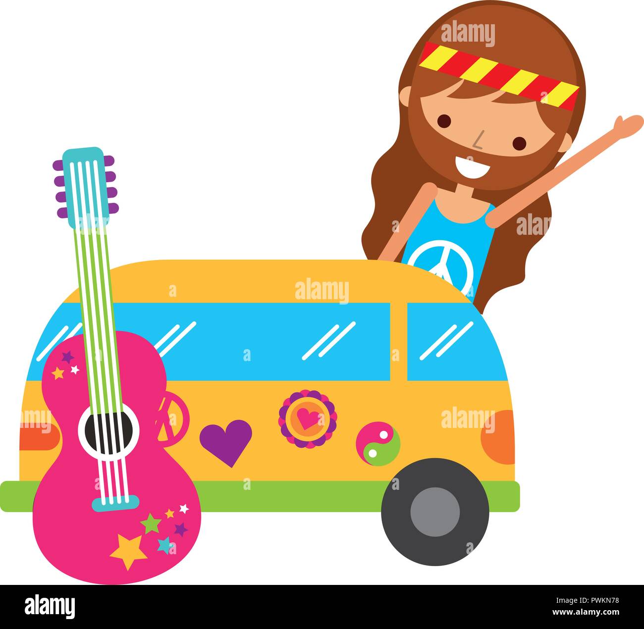 hippie man cartoon van car and guitar vector illustration Stock Vector ...