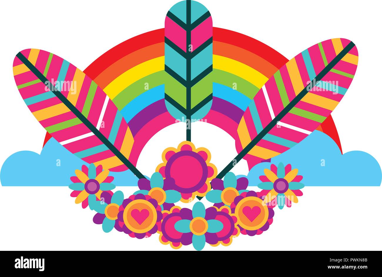 hippie retro tribal feathers rainbow decoration vector illustration ...