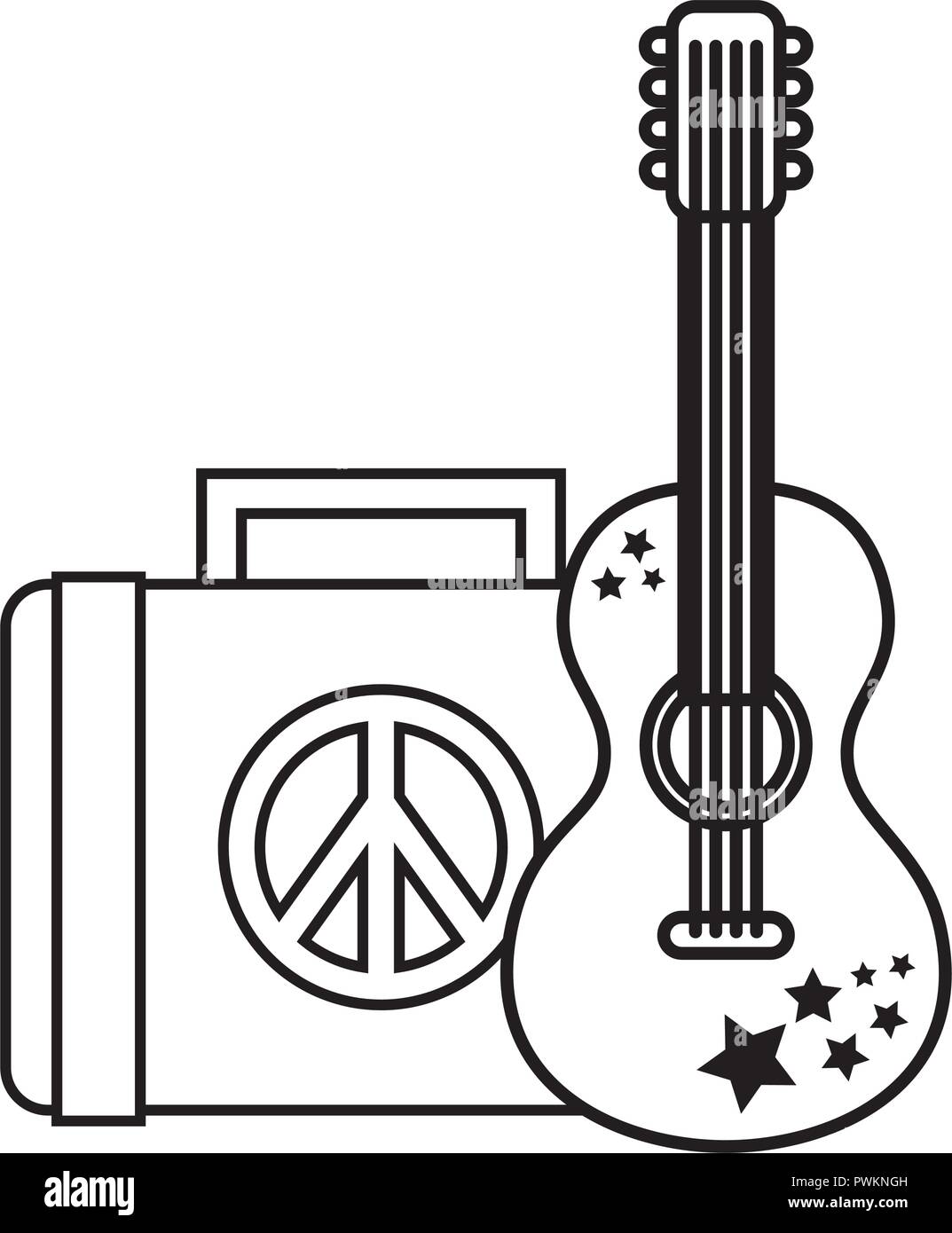 guitar and suitcase retro hippie style vector illustration outline ...