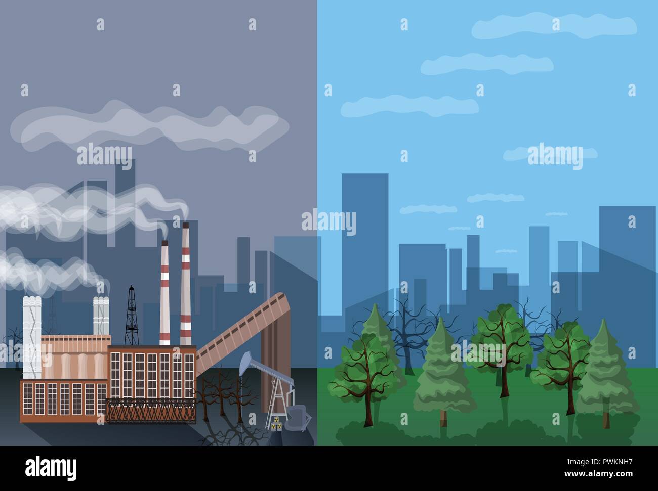 Factory building nature pollution plant pipe waste. environment two ...