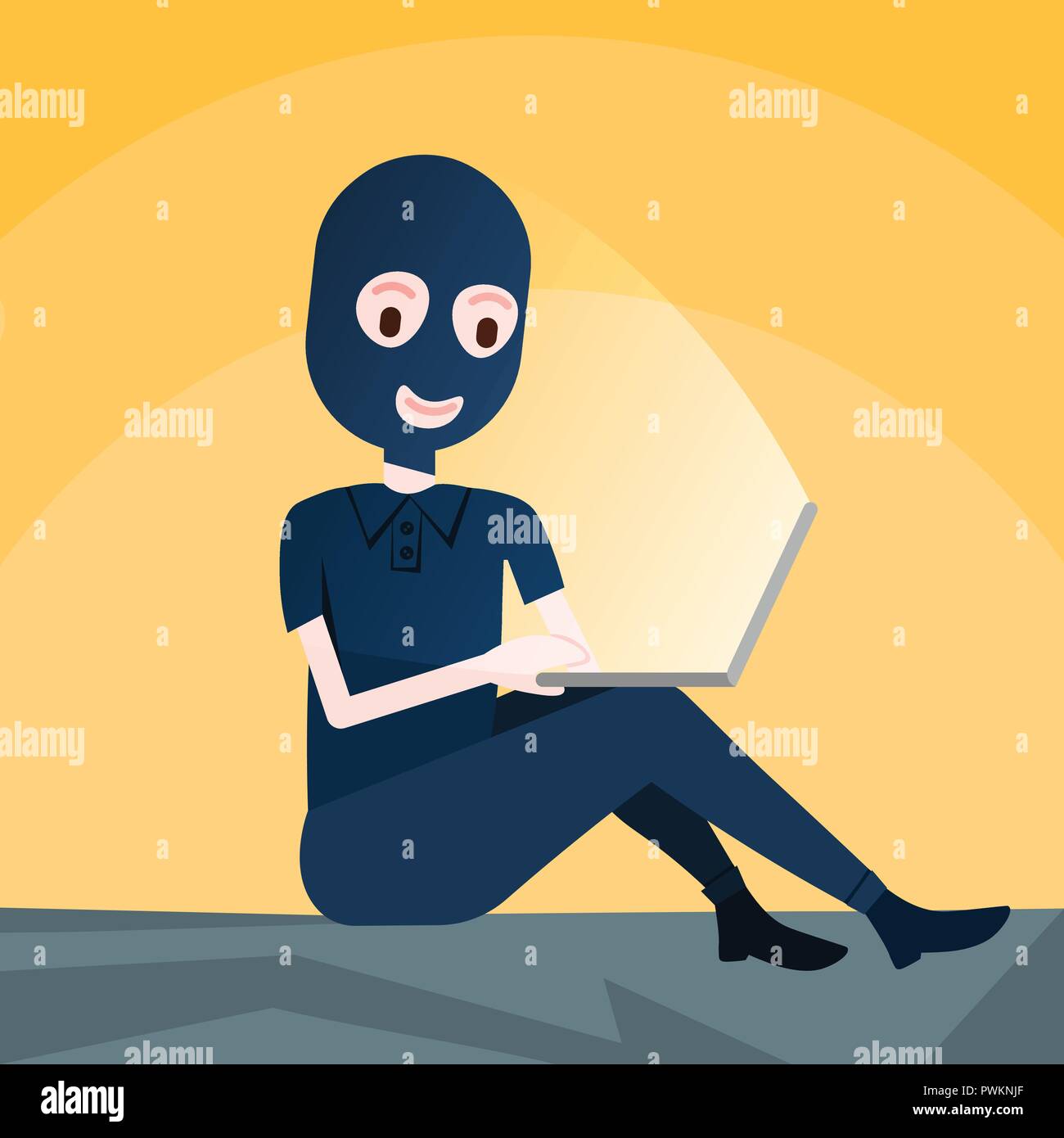 woman black mask sitting at computer hacker activity concept on yellow ...
