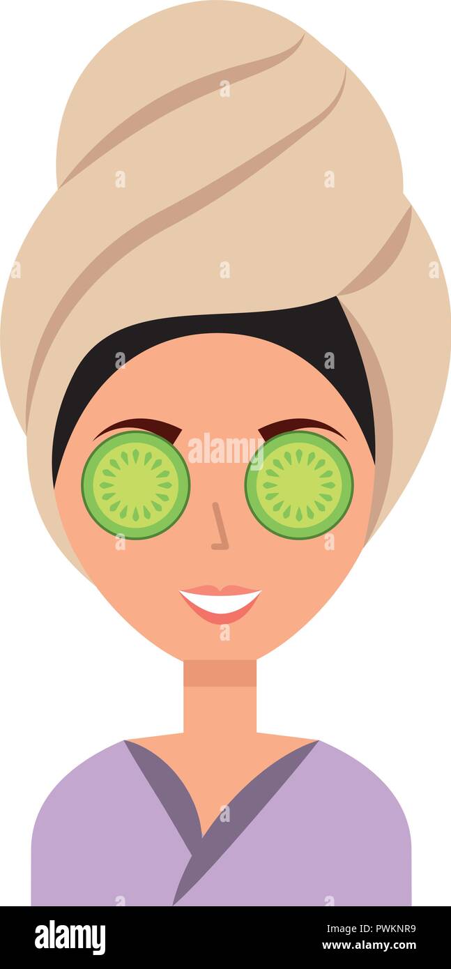 woman with towel in head and cucumber care spa vector illustration ...