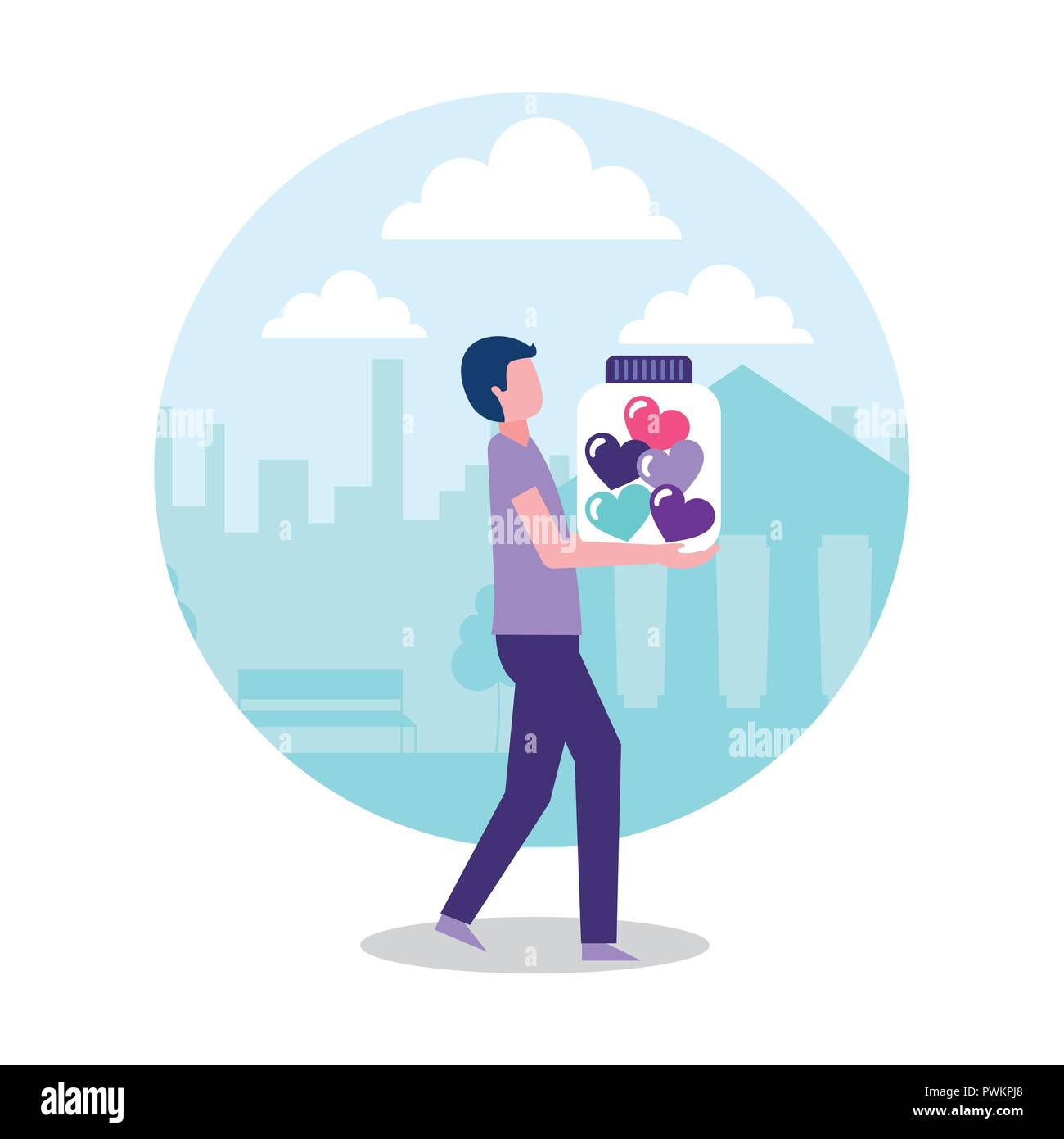 volunteers help man holding bottle hearts vector illustration Stock ...