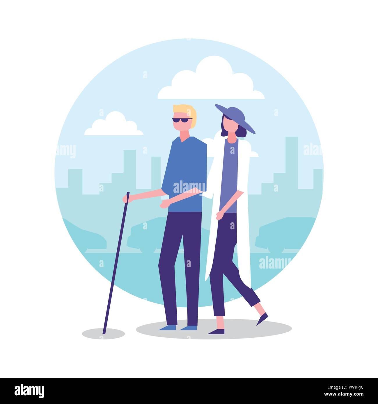 volunteers help woman crossed blind person vector illustration Stock ...