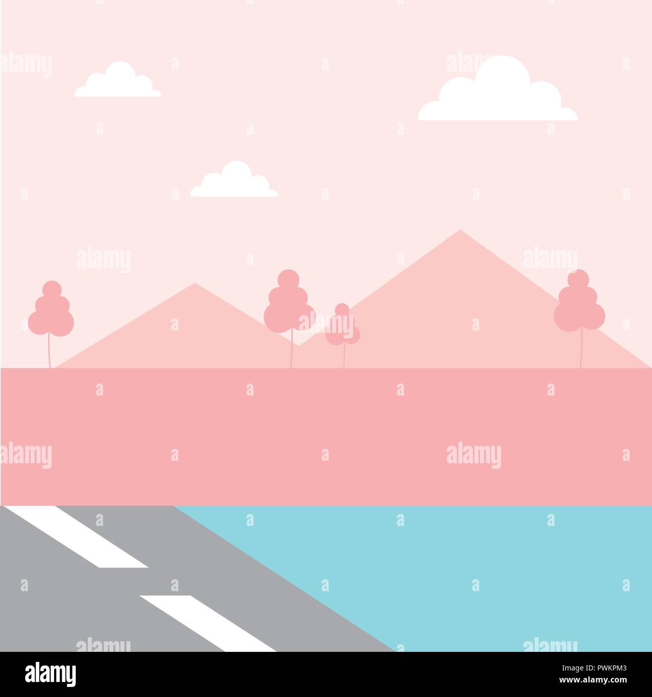 street mountains trees road color vector illustration Stock Vector ...