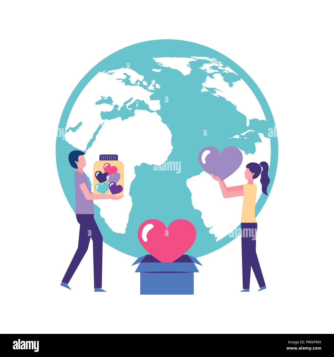 volunteers help work couple world donate love support vector ...