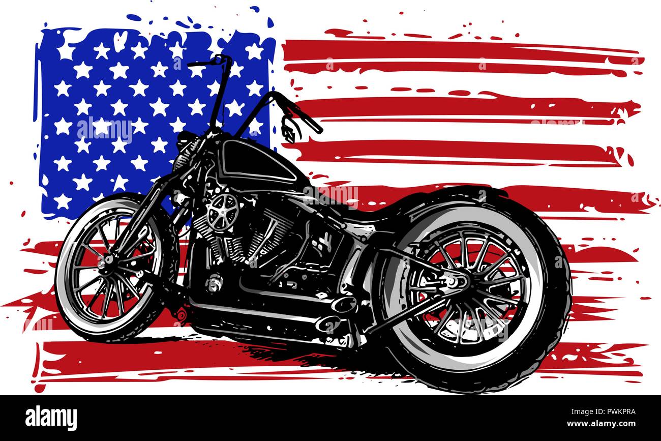 Hand drawn and inked vintage American chopper motorcycle with american ...