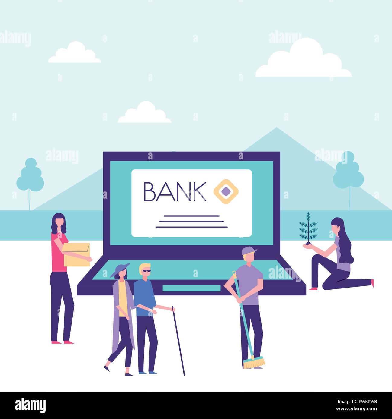 volunteers help computer screen bank money donation vector illustration ...