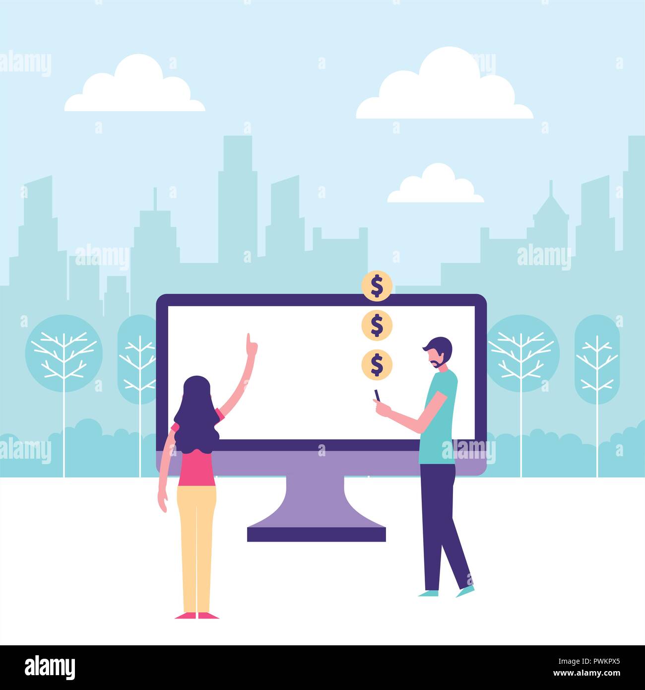 volunteers help computer woman and man donation vector illustration ...