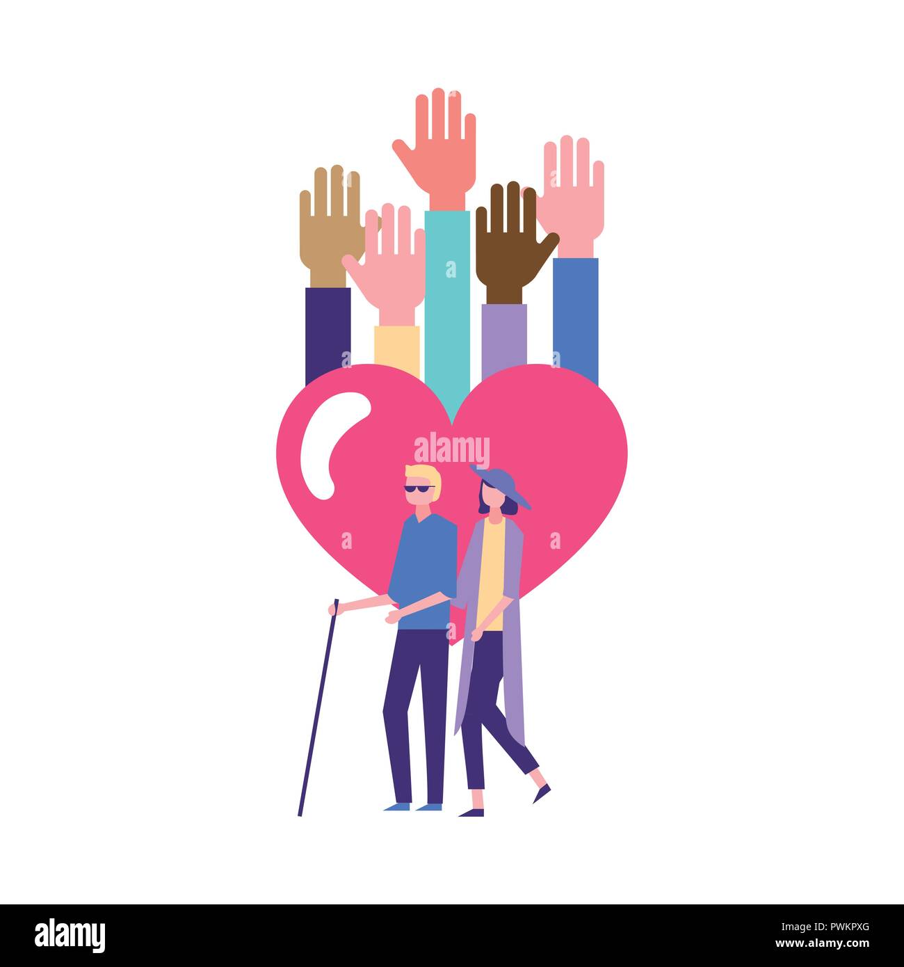 volunteers help heart hands blind person vector ilustration Stock ...