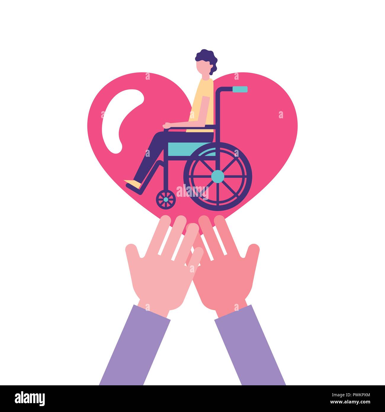 volunteers help heart man wheelchair hands together vector illustration ...