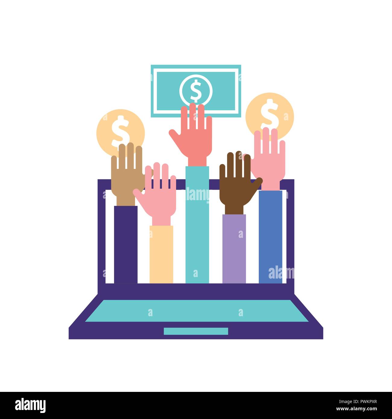 volunteers help computer screen hands holding money donation vector ...