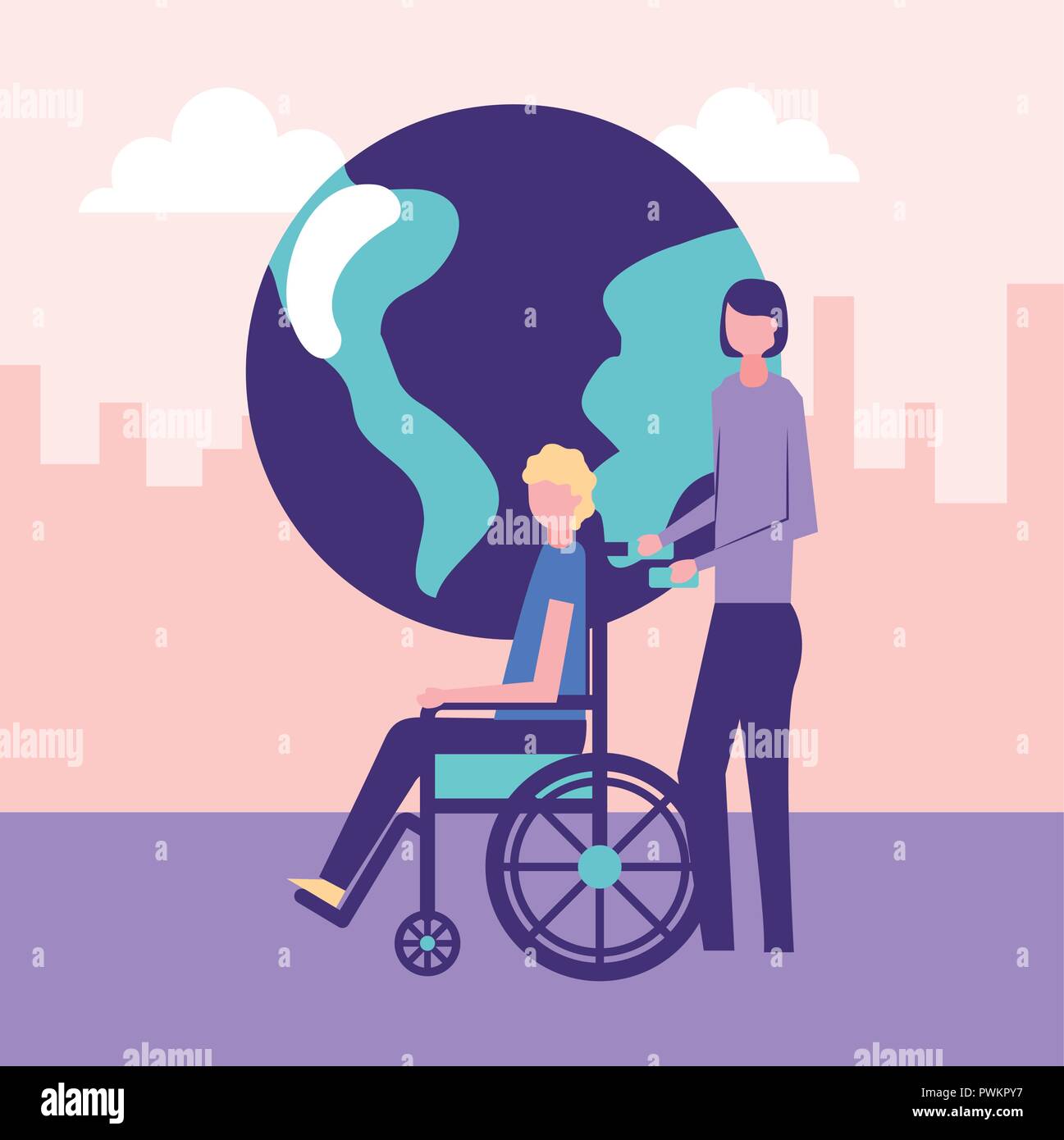 volunteers help world woman carry wheelchair person vector illustration ...