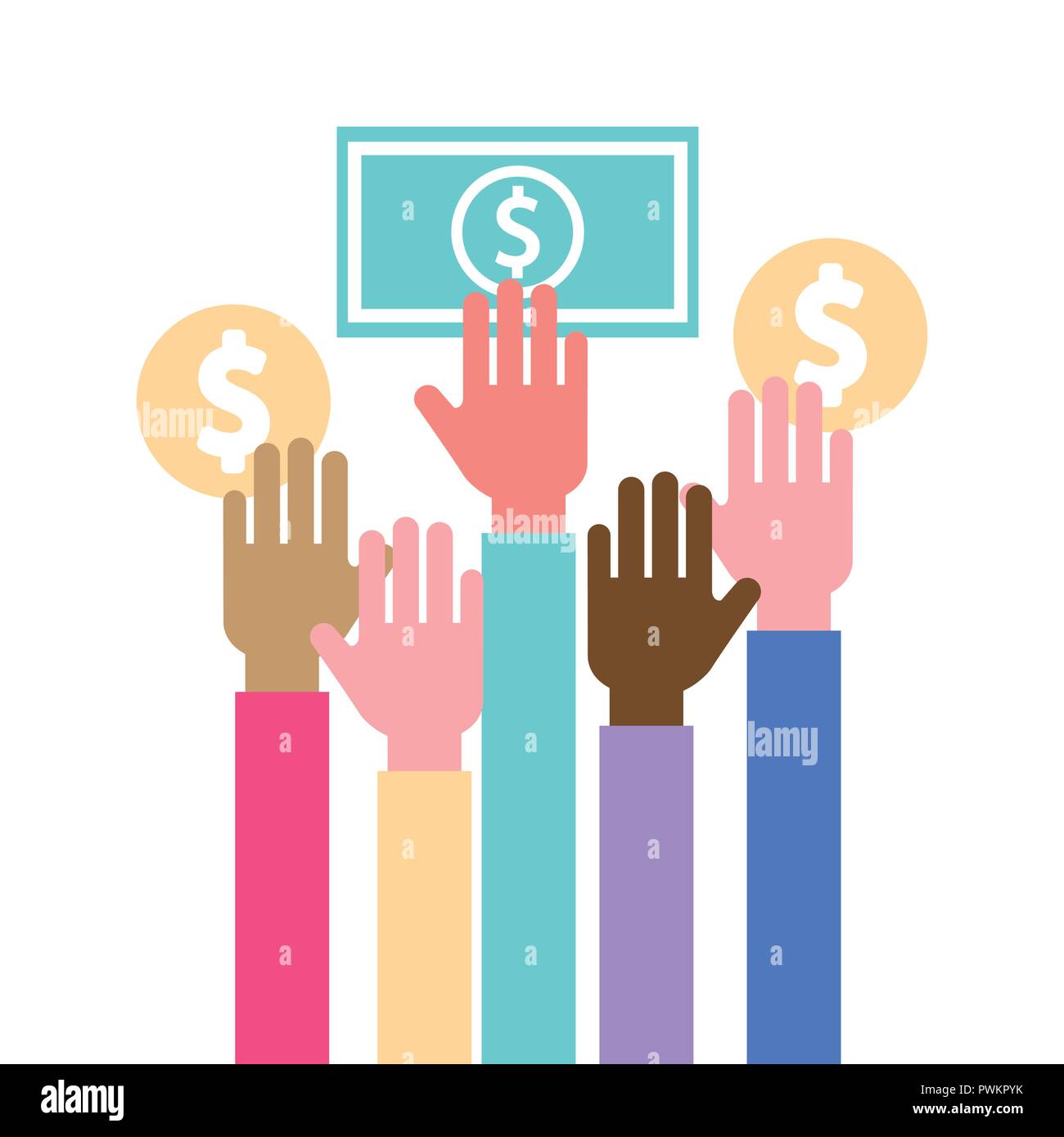 volunteers help hands holding coin money donations vector illustration ...