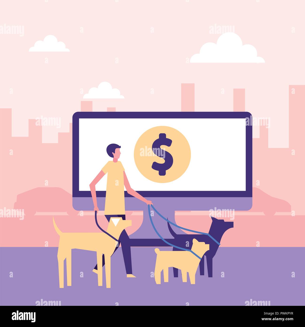 volunteers help dog walker computer coin donate vector illustration ...