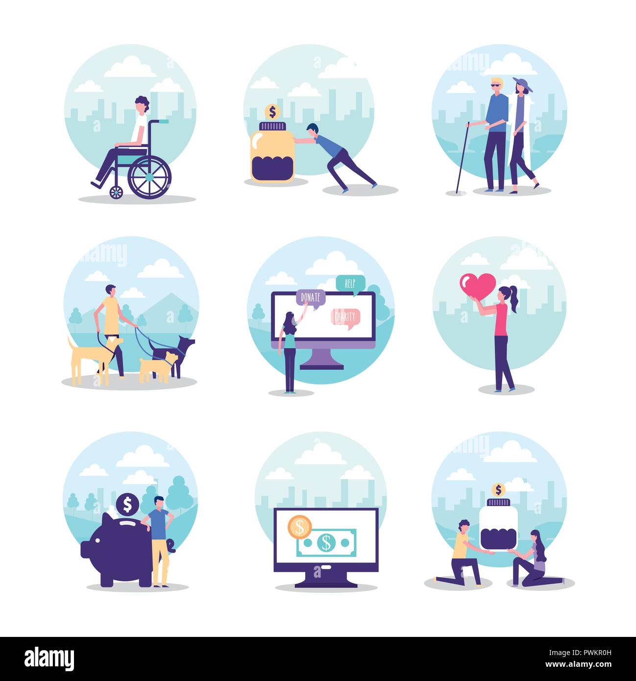 volunteers help stickers people donations charity money vector ...