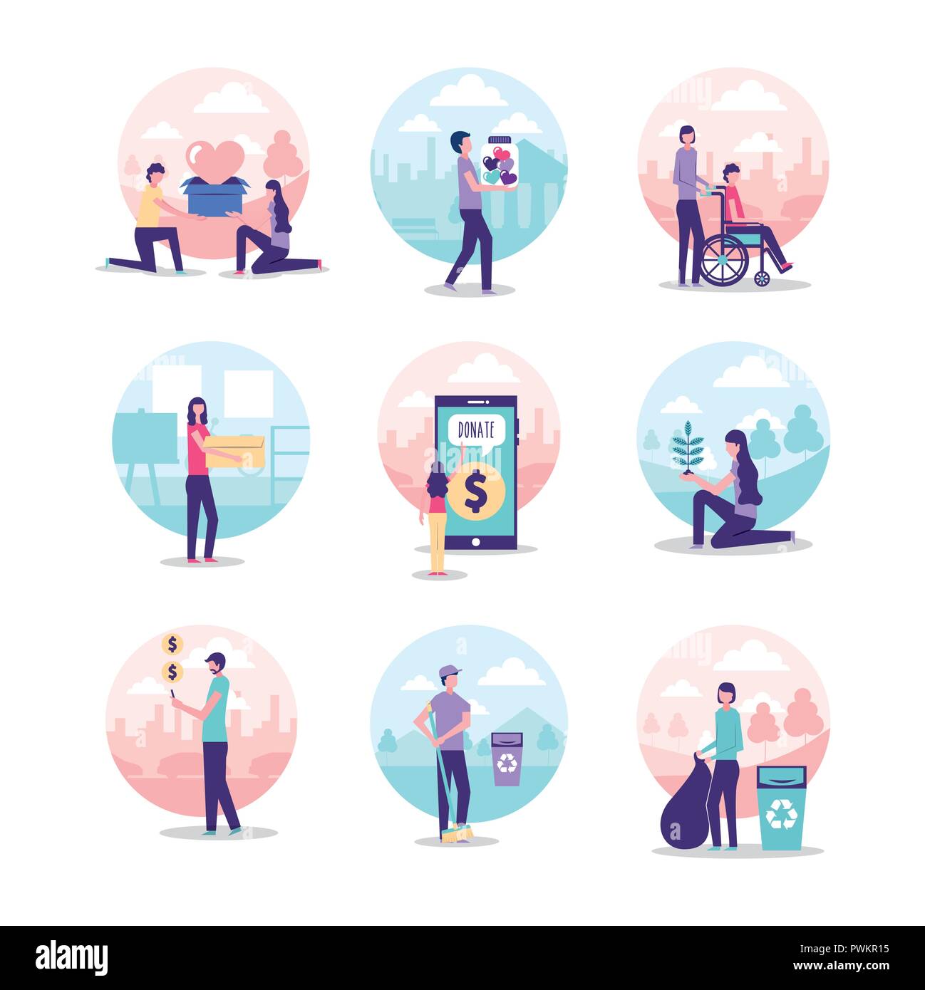 volunteers help stickers love donations charity people vector ...