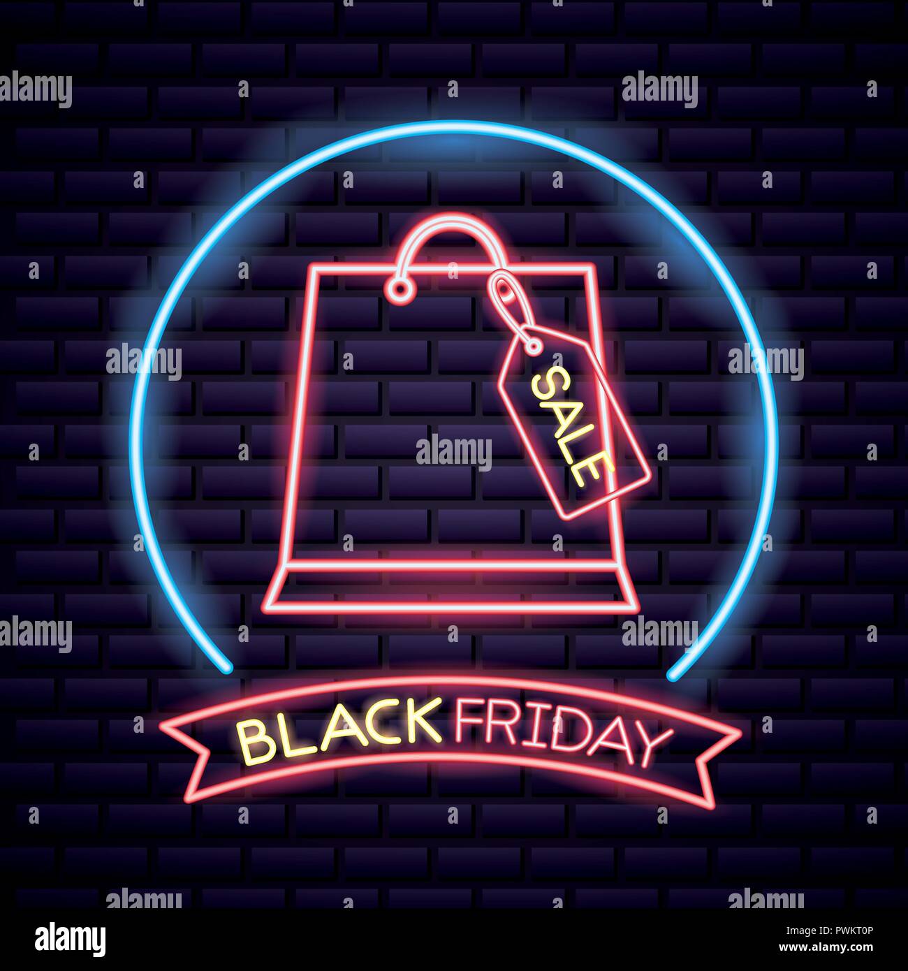 black friday shopping sales sticker ribbon sign bag neon vector ...
