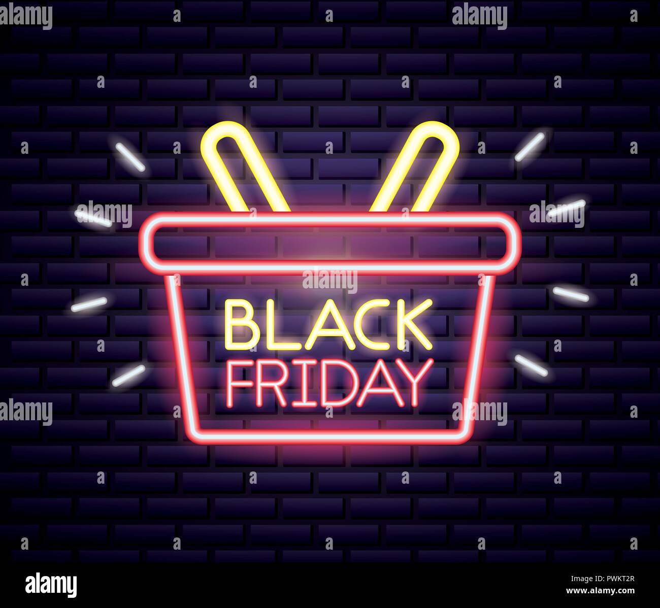 black friday shopping sales neon basket sign vector illustration Stock ...