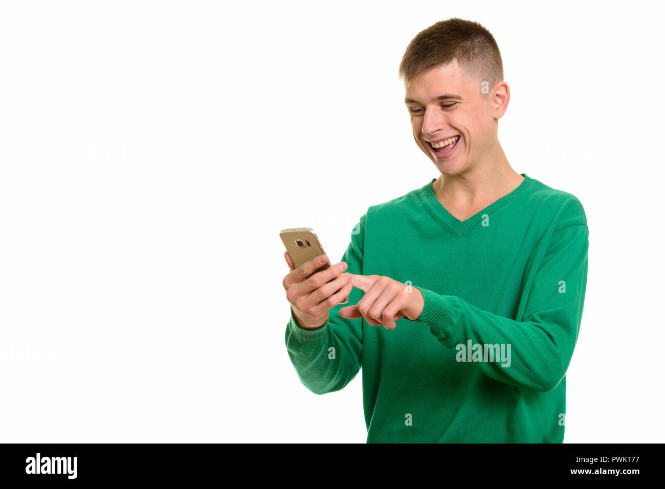 Guy holding mobile phone Cut Out Stock Images & Pictures - Alamy