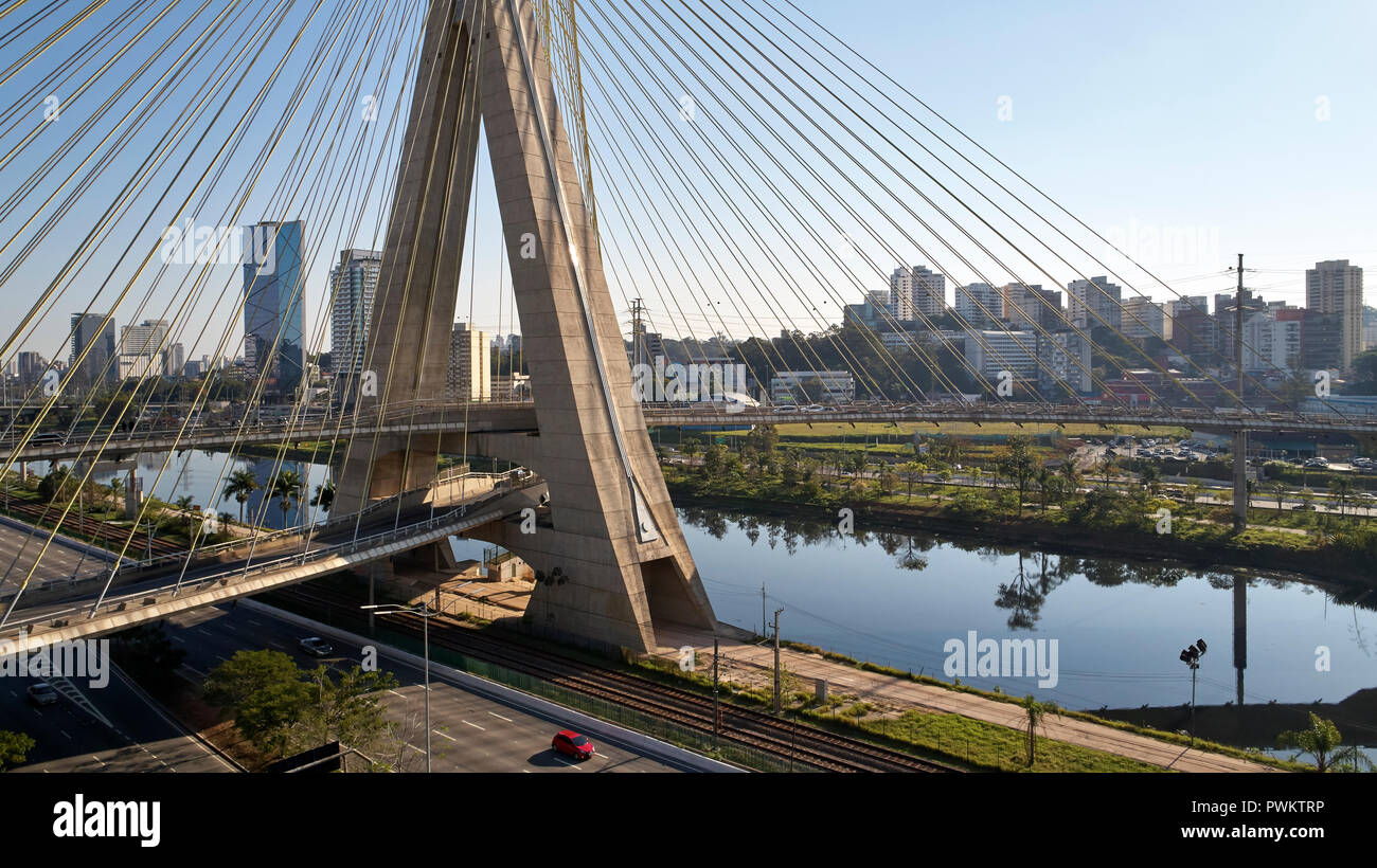 Famous cable-stayed bridge at Sao Paulo city. Brazil. Aerial view of ...